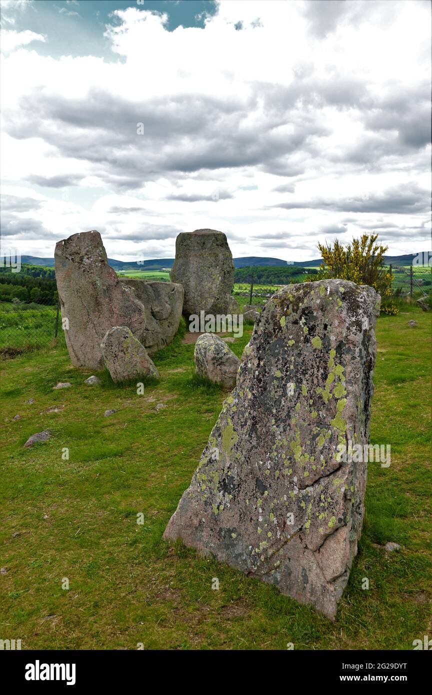A view of an ancient stone circle in Tomnaverie in Deeside, Scotland ...