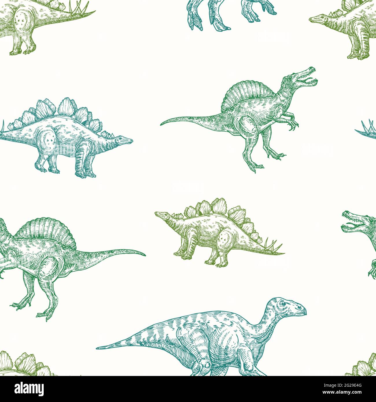Hand Drawn Dinosaurs Vector Seamless Background Pattern. Spinosaurus ...