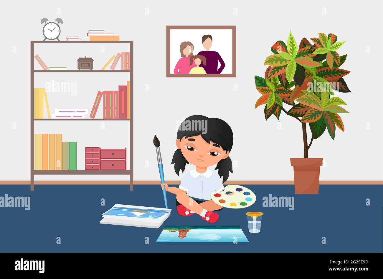 Kid painting with brush, paints on palette vector illustration. Cartoon ...