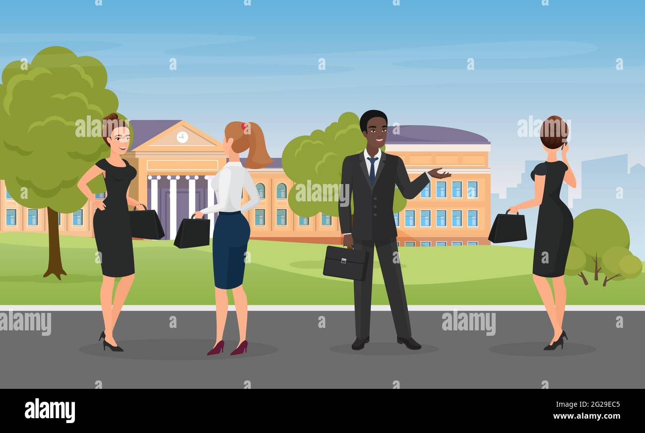 Office people talk, standing together in city park vector illustration ...