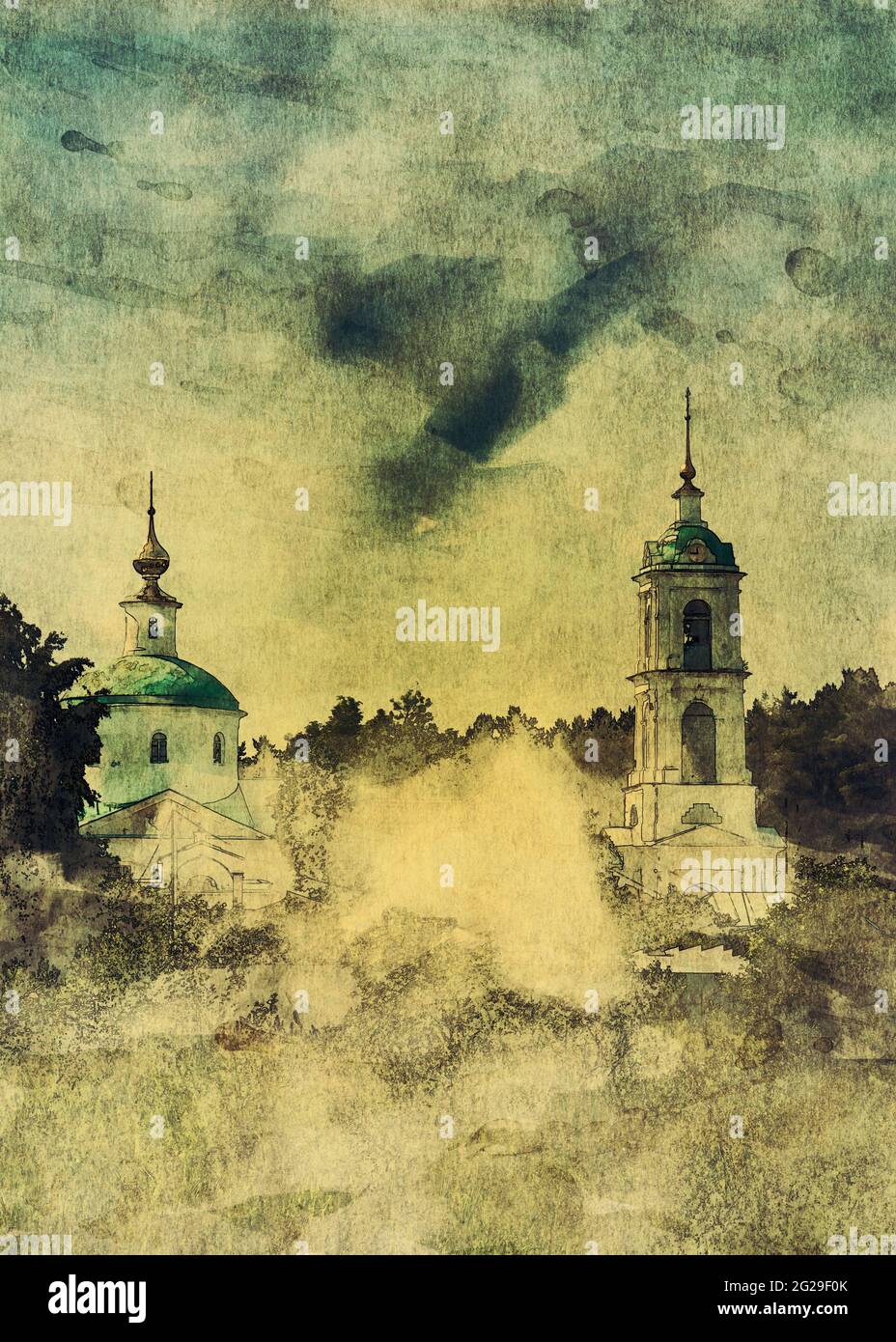 Abstract old orthodox church on paper background, photo manipulation ...