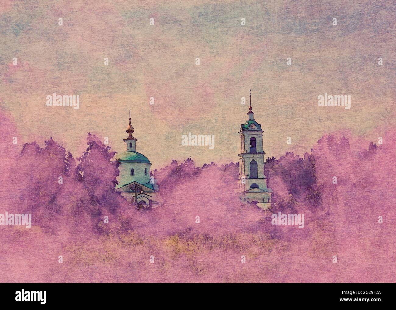 Abstract old orthodox church on paper background, photo manipulation ...