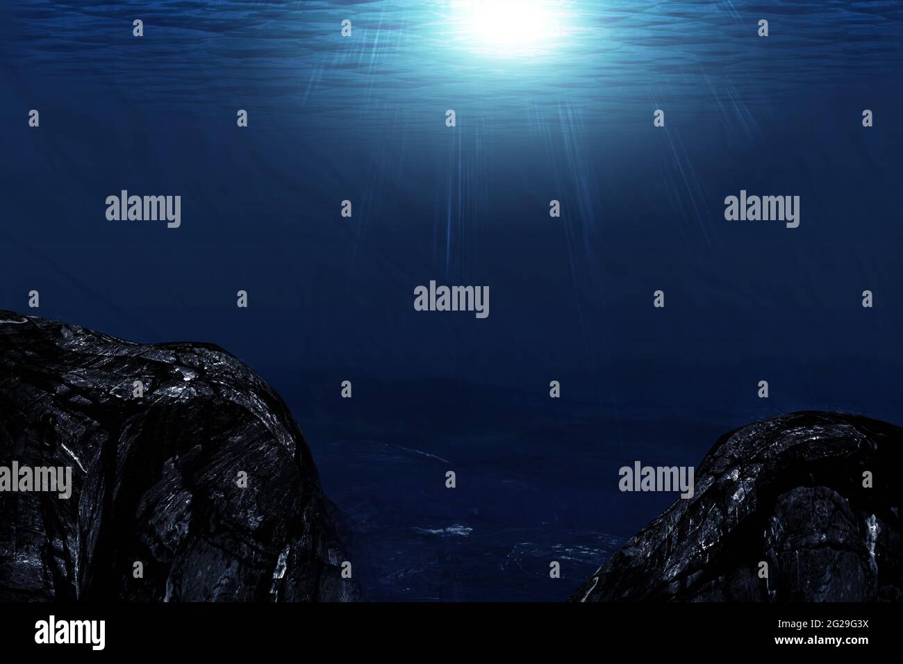 Dark blue underwater scene with sun rays through ocean surface Stock ...