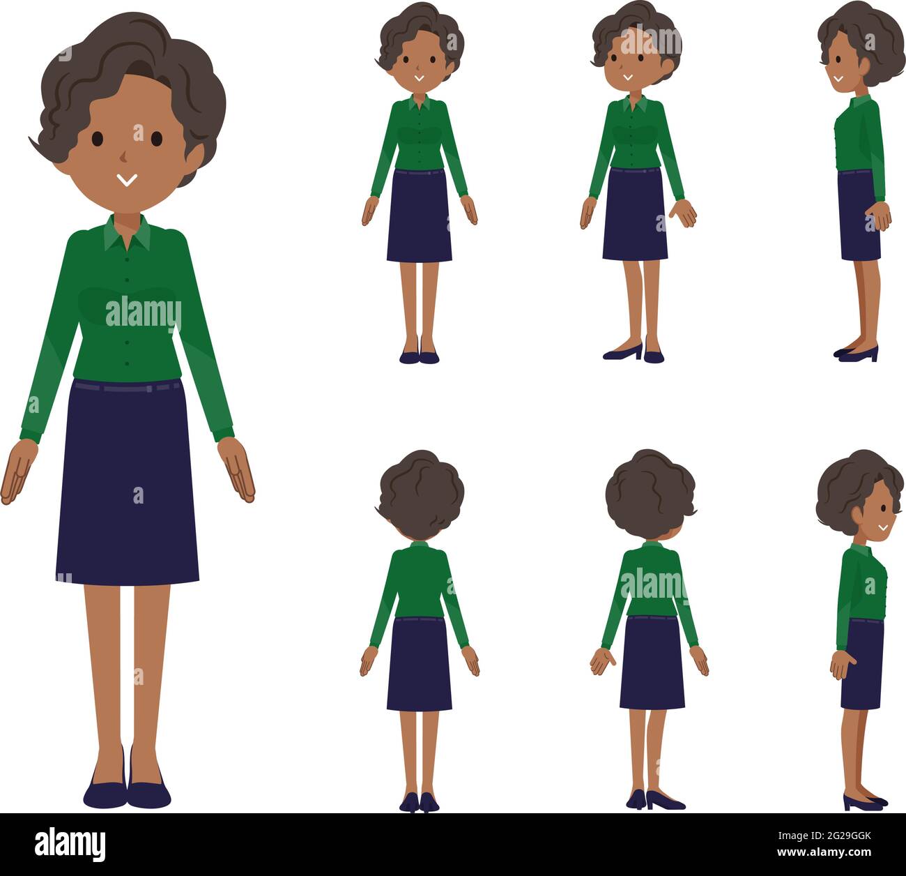 A set of Black business women standing.Front, side and back angles.It's ...