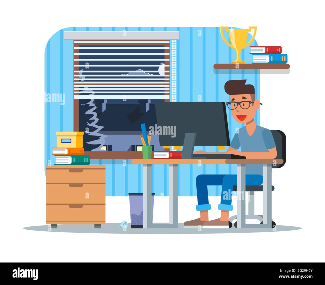 Vector illustration of young man working at computer, flat design Stock ...