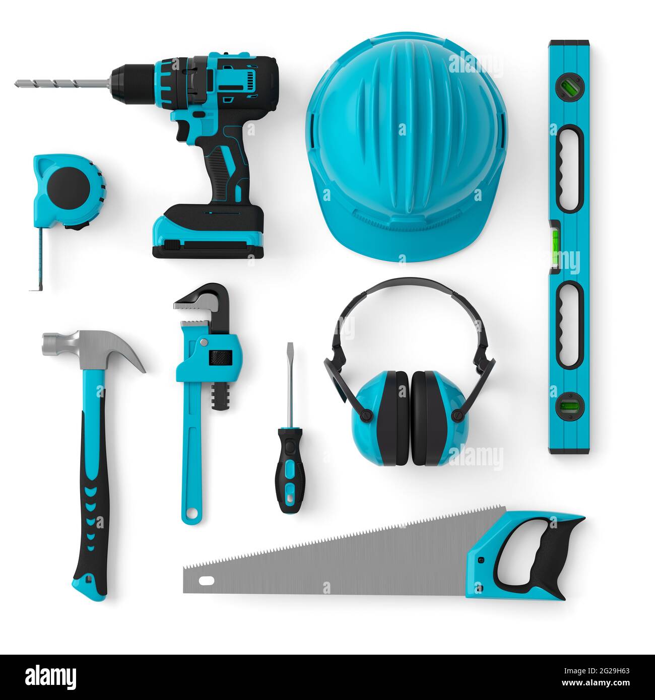 Top view of green construction tools for repair and installation on ...