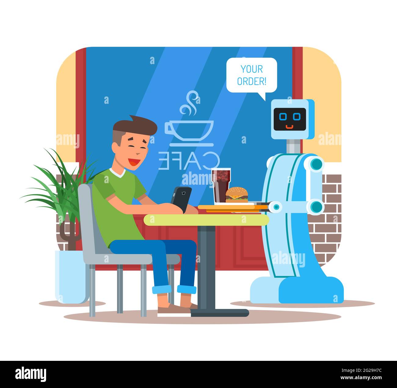 Vector illustration of robot waiter serving cola, hamburger to visitor ...