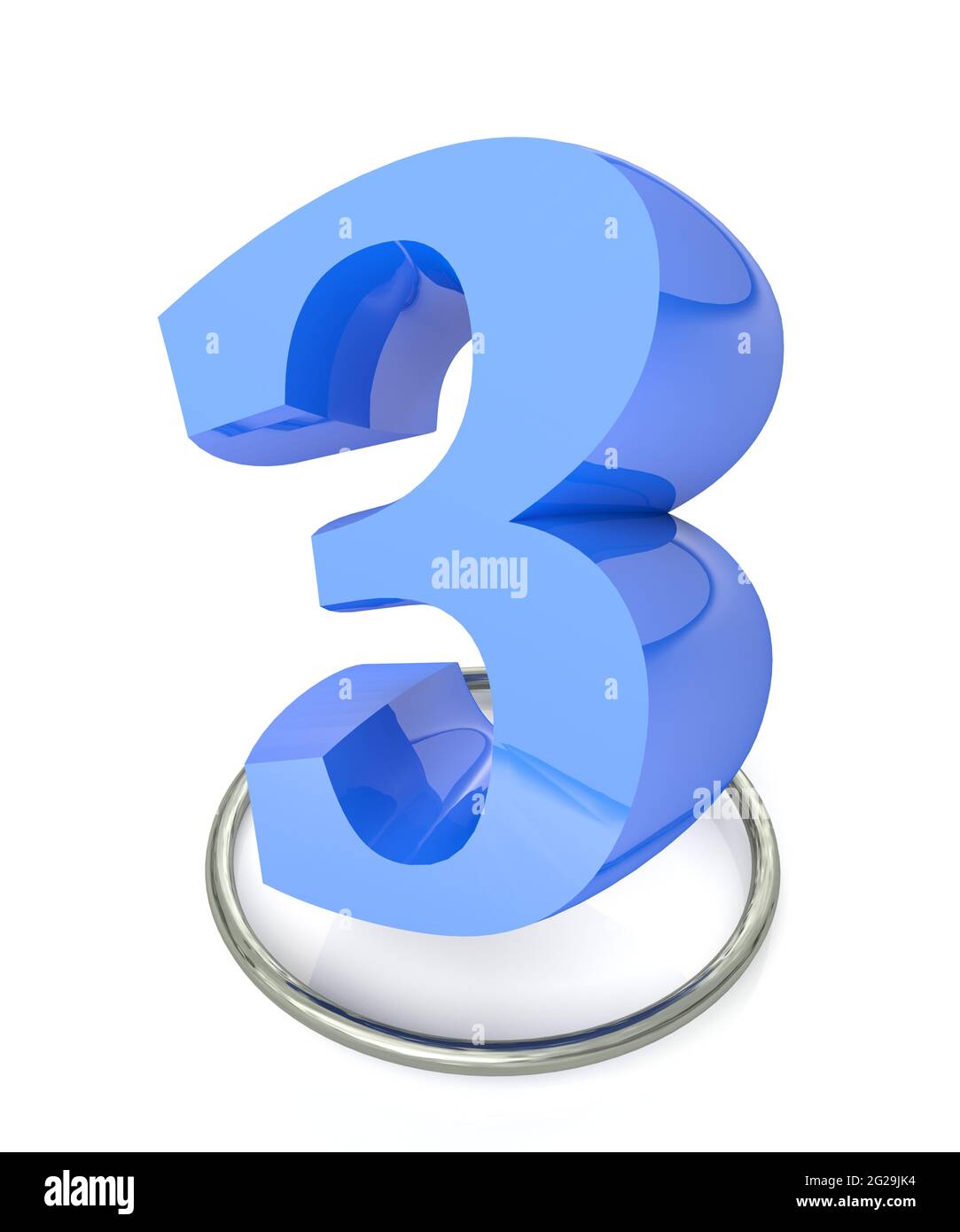Number 3 blue over metallic circle on white background - 3D rendering ...