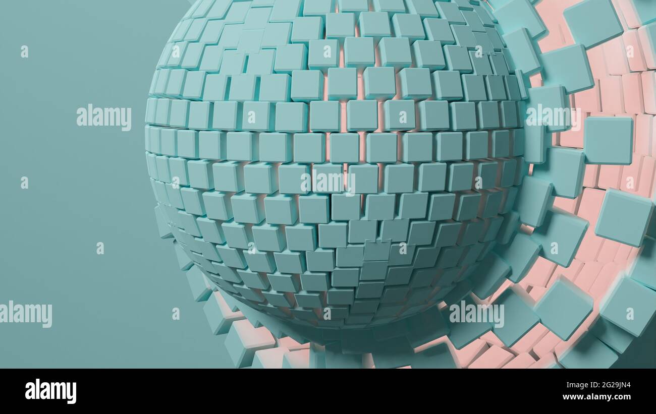 3D Illustration of multiple cubes forming a sphere with a source of ...