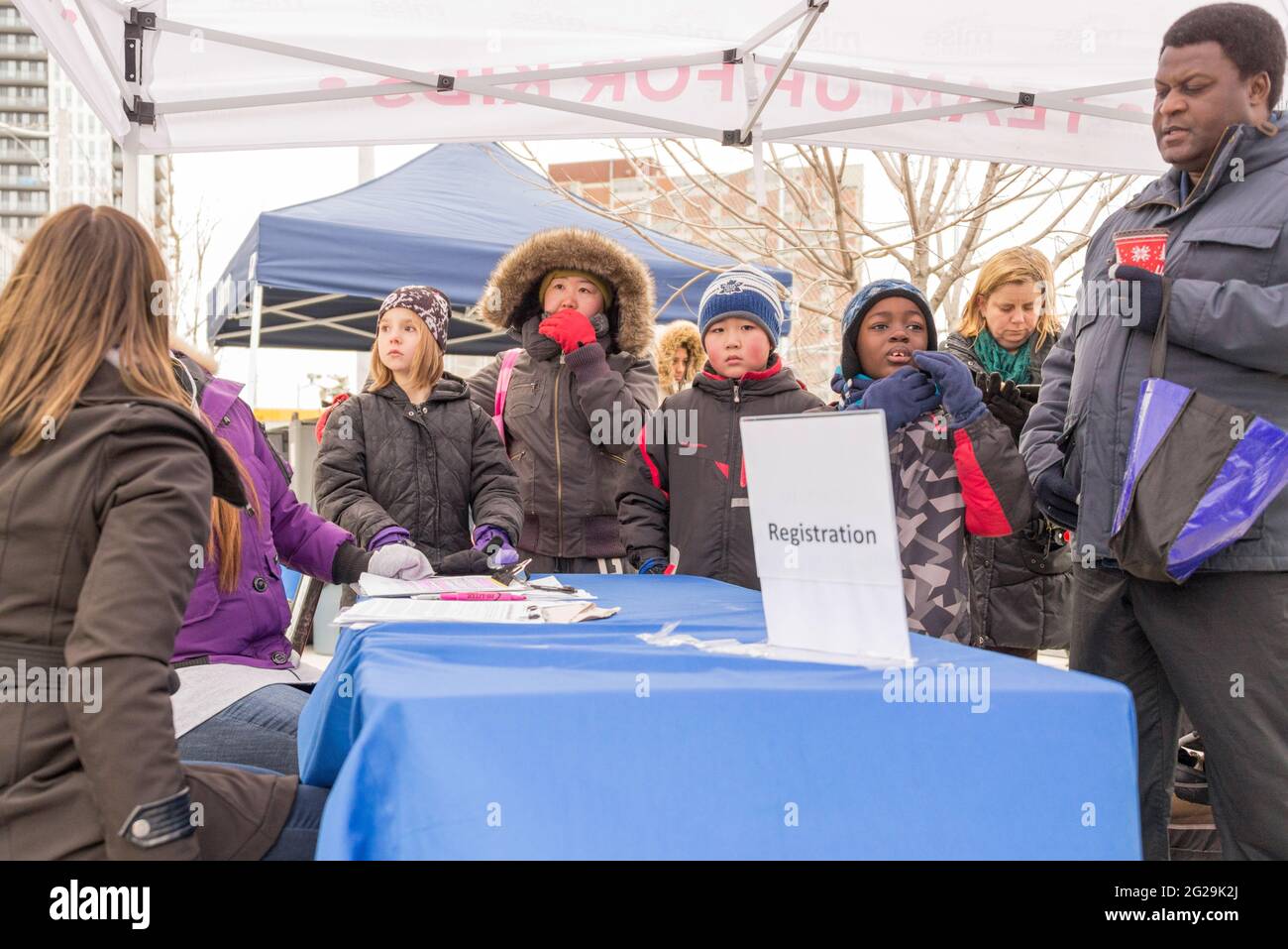 Children registration booth in Regent Park ice rink. Registered ...
