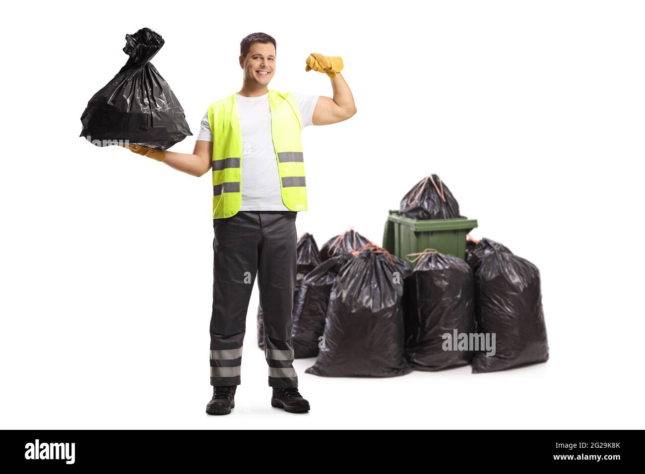 Full length portrait of a waste collector holding a bag and showing ...