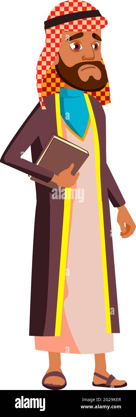serious arabian man with book standing in bookstore line cartoon vector ...