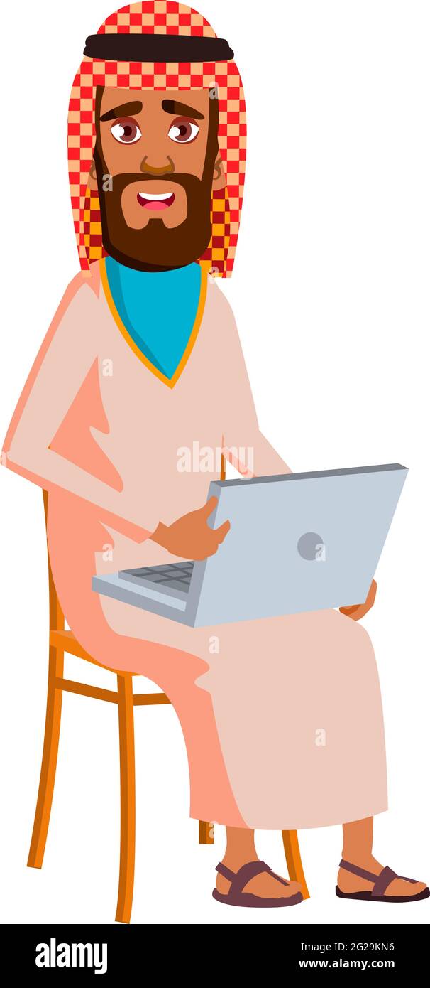 muslim man sitting on chair and reading e-book on laptop cartoon vector ...