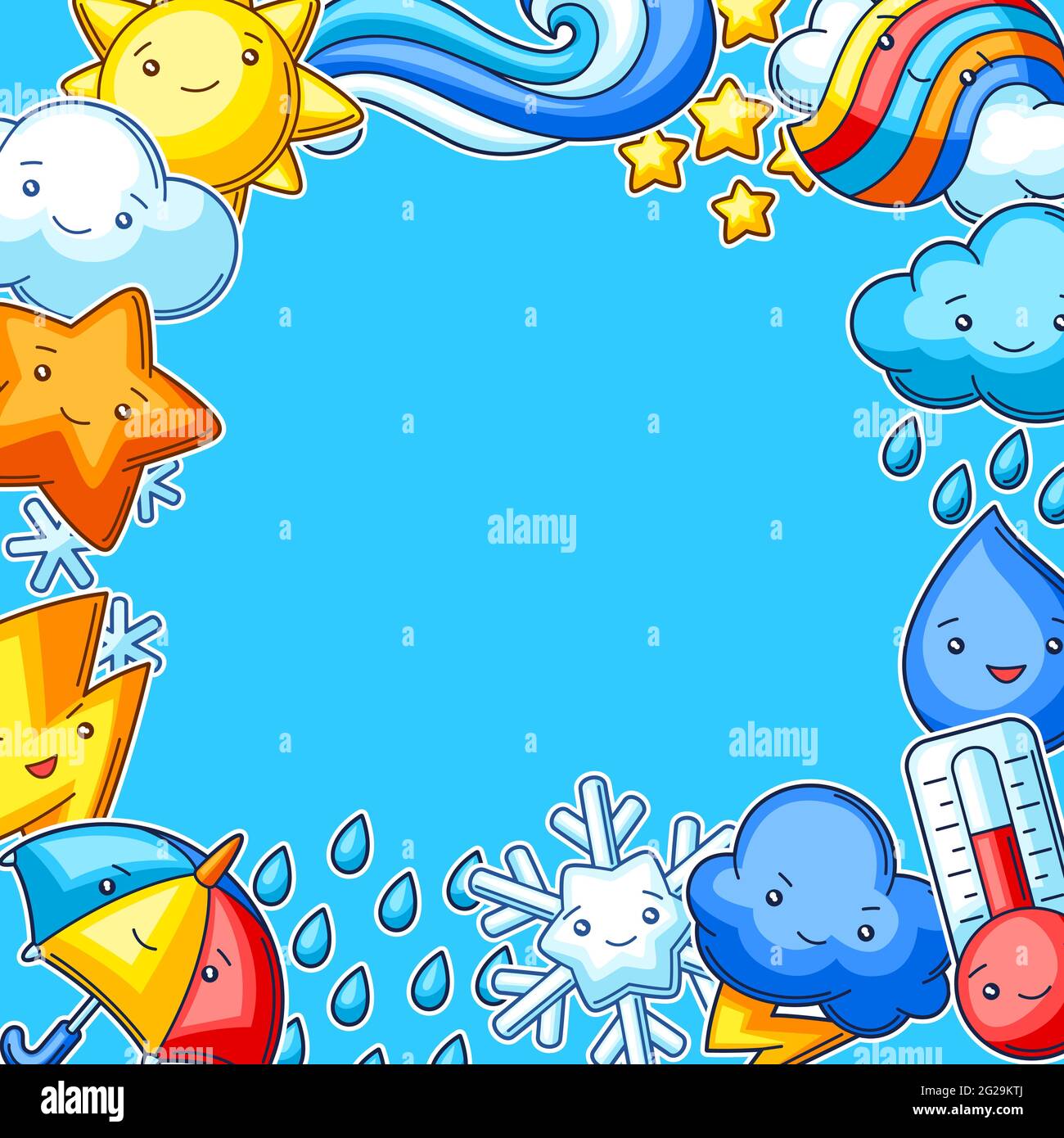 Background with cute kawaii weather items. Funny seasonal child ...