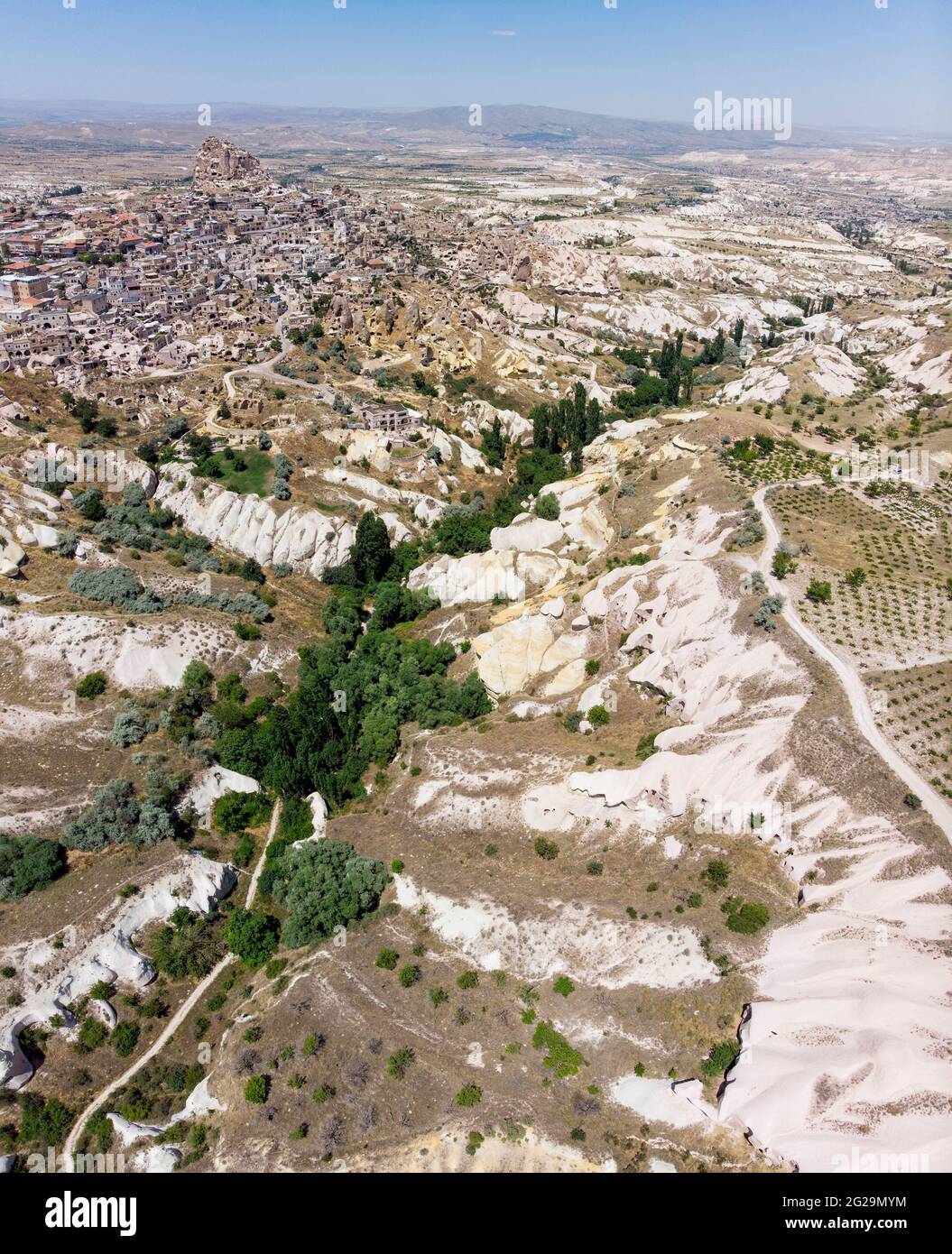 Aerial view of Uchisar Castle, near Goreme, Turkey. It is a huge tuff ...