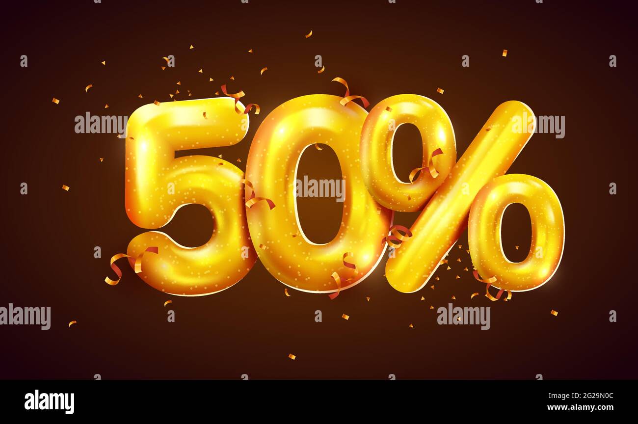 50 percent Off. Discount creative composition of golden balloons. 3d ...