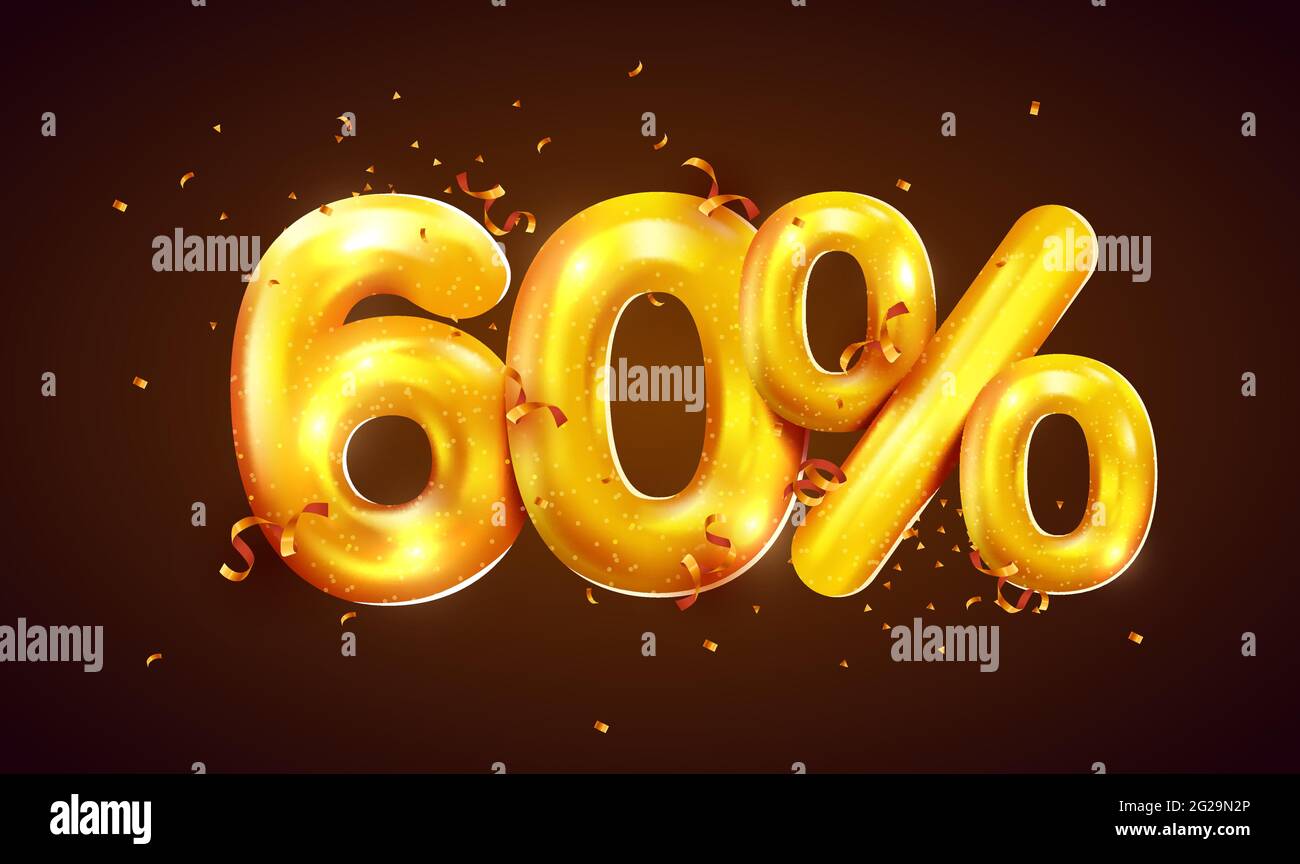 60 percent Off. Discount creative composition of golden balloons. 3d ...