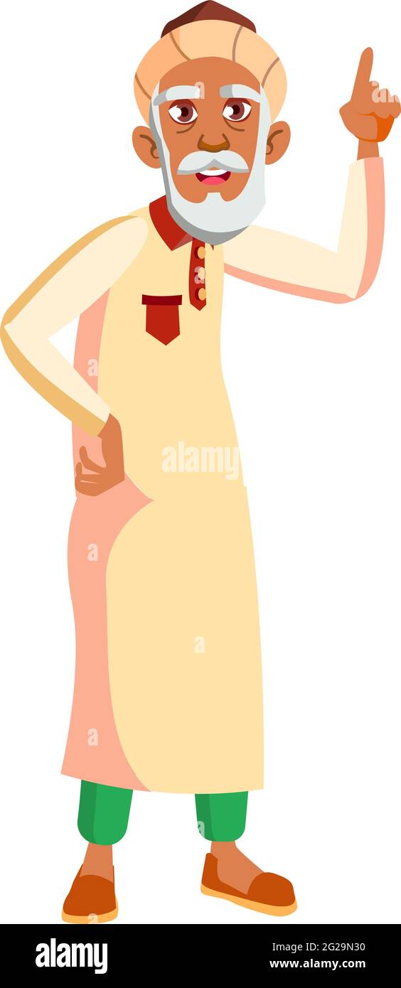 smiling muslim man in traditional clothing remember story cartoon ...