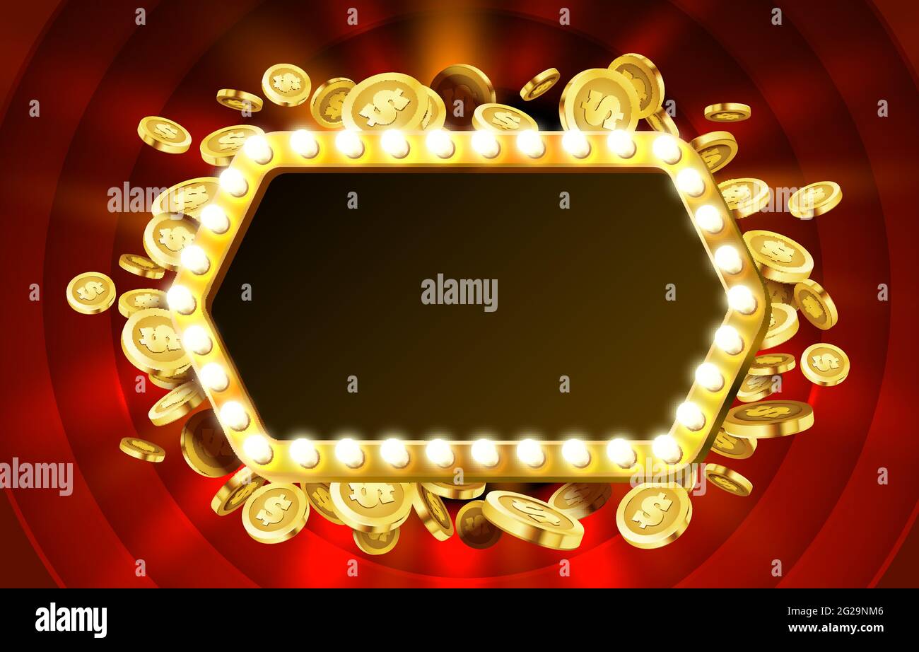 Casino lamp frame with gold realistic 3d coins background. Vector ...
