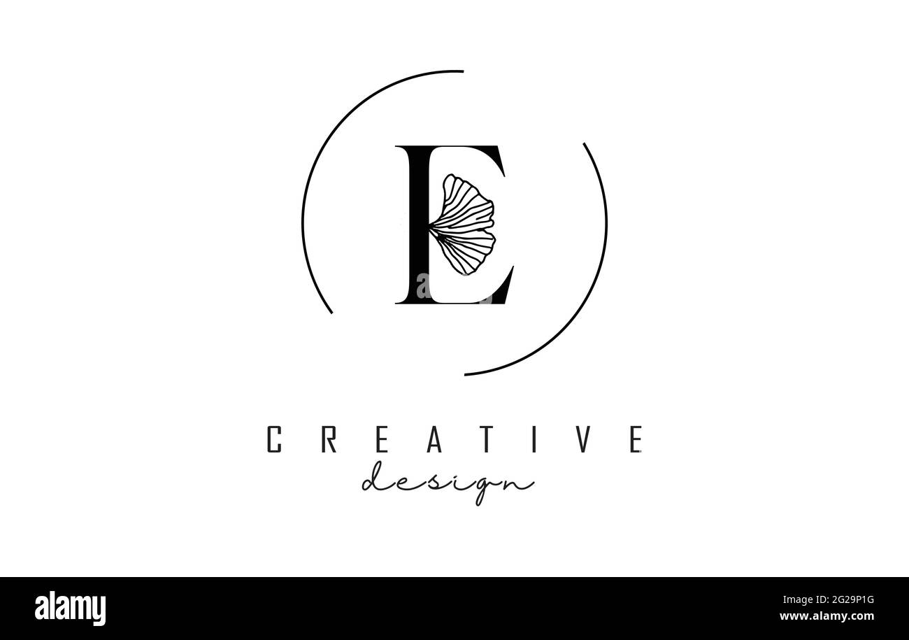 Letter E logo design with uppercase, leaf detail and circle frame ...
