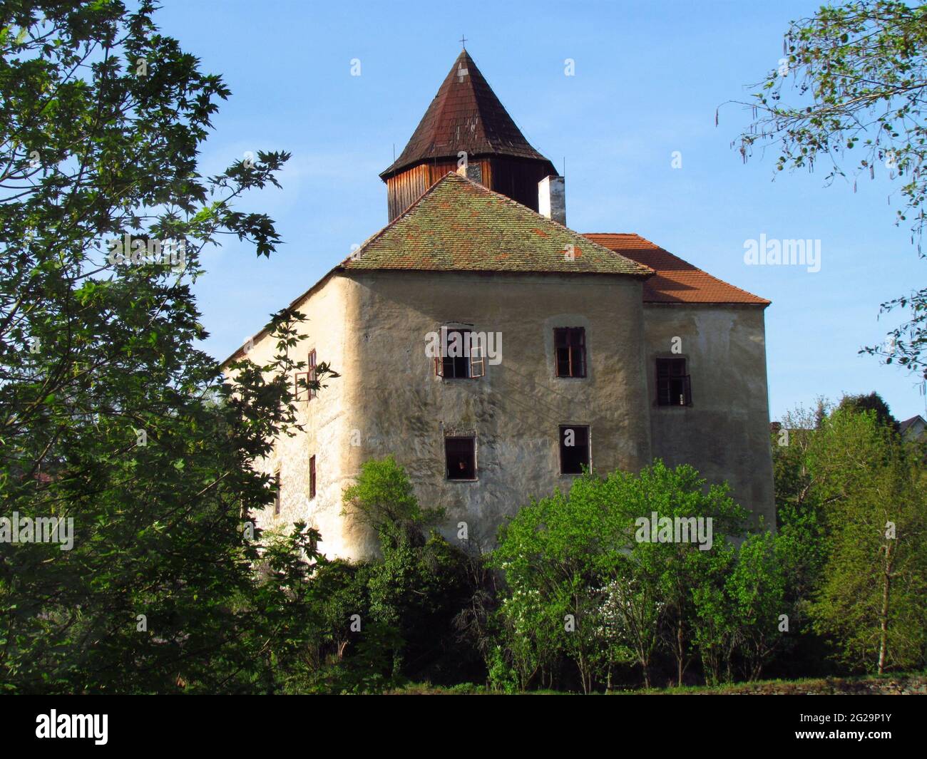 Medieval gothic castle on a rock, tower and main building, Czech ...