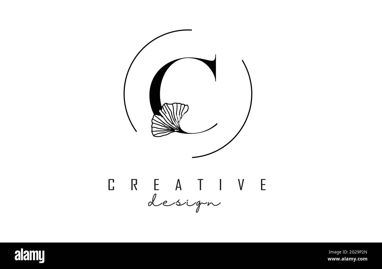Letter C logo design with uppercase, leaf detail and circle frame ...