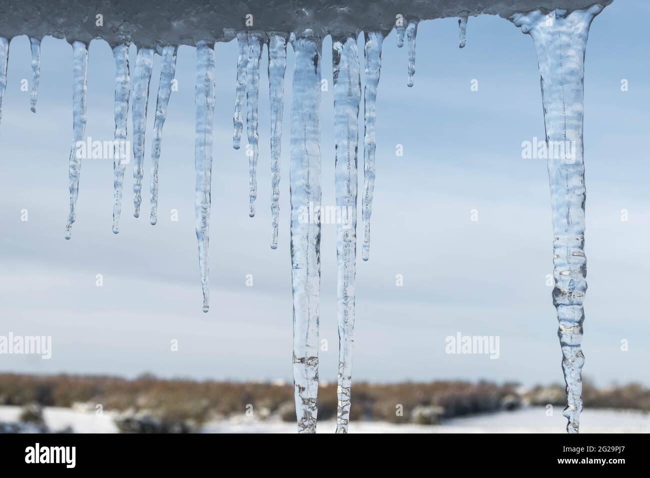 Icicle close up with detail. Ice spike hanging. Frozen water in large ...