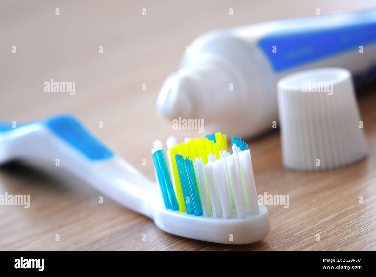 Toothbrush and toothpaste on the washstand shelf. The concept of oral ...