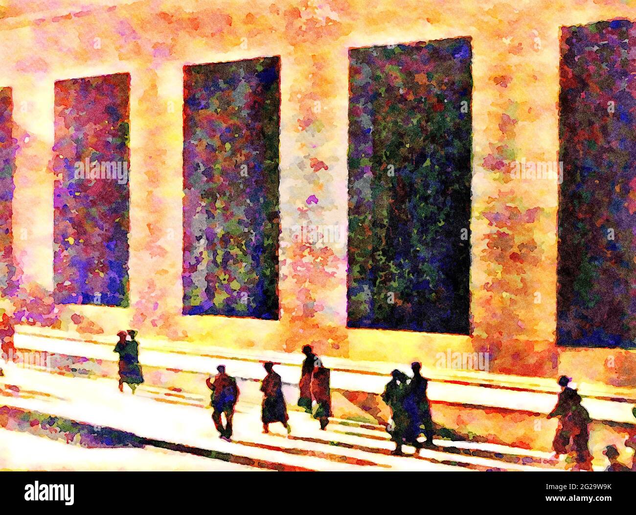 People walking along Wall Street, New York, in strong sunlight and ...