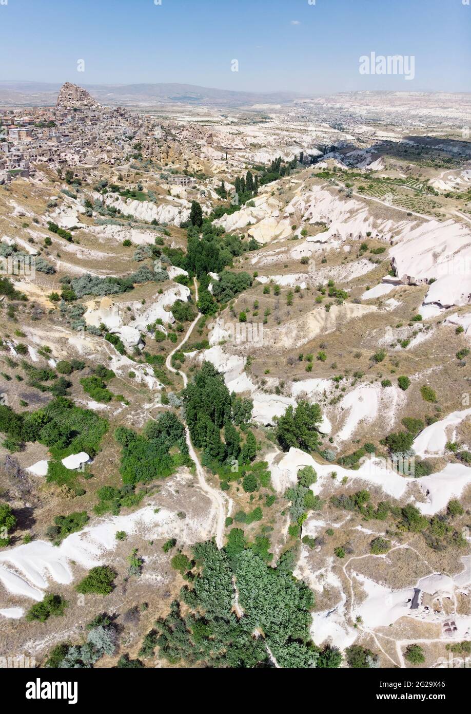 Aerial view of Uchisar Castle, near Goreme, Turkey. It is a huge tuff ...