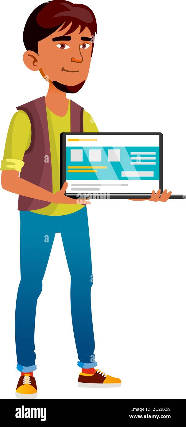 boy teen showing project on laptop cartoon vector Stock Vector Image ...