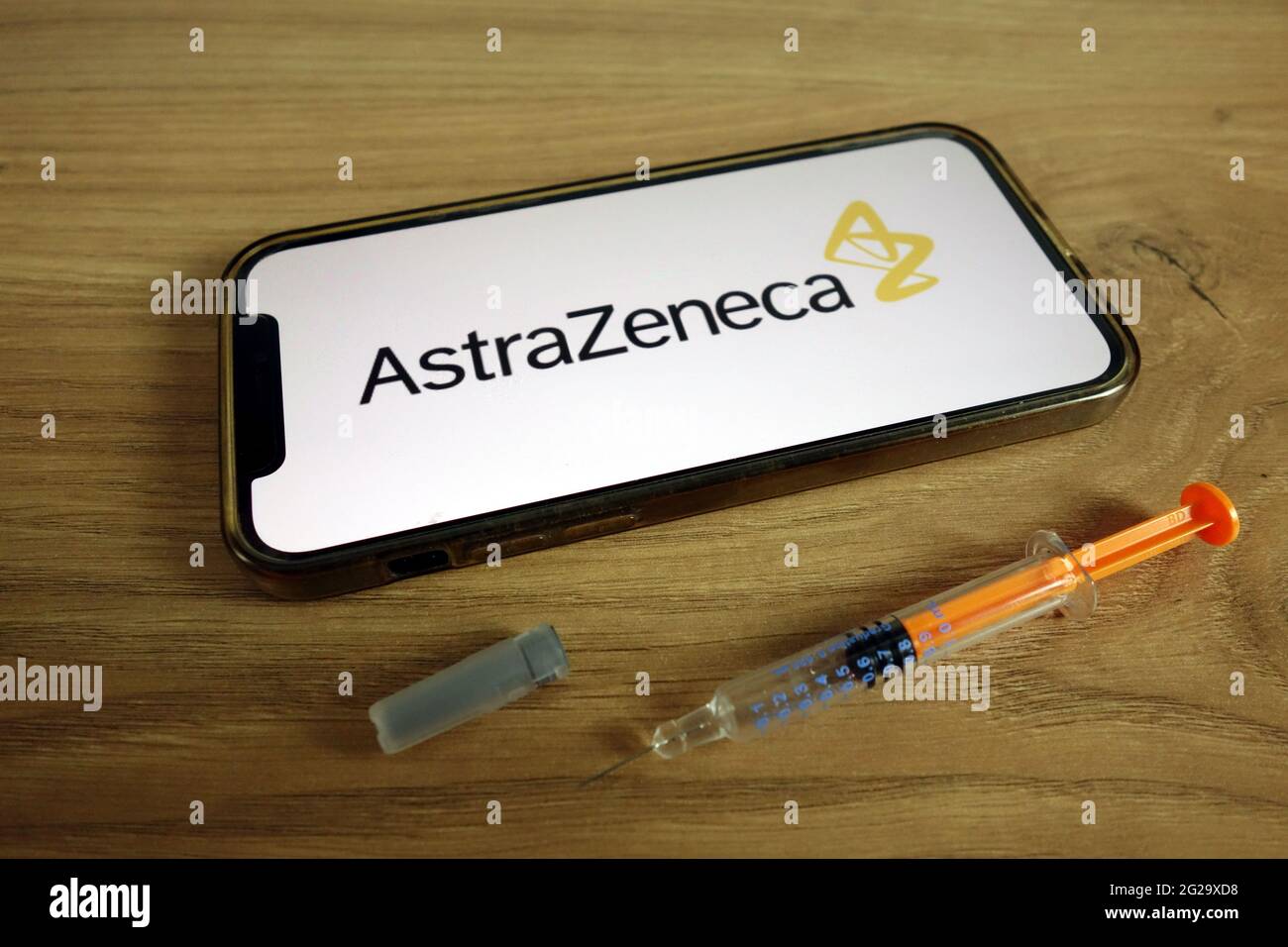 KONSKIE, POLAND - June 9, 2021: AstraZeneca plc logo displayed on ...