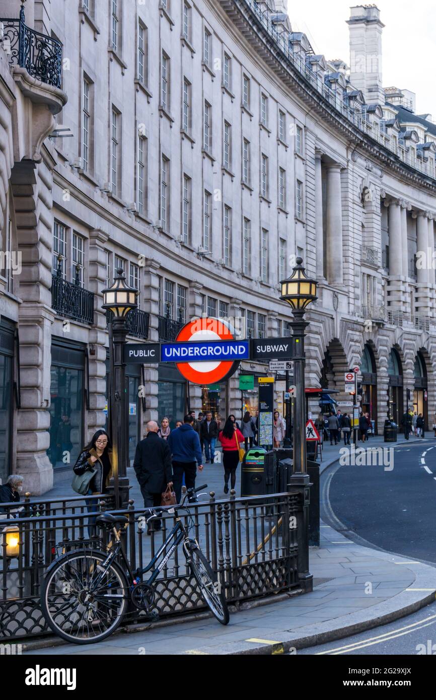 Entrance to public subway and Piccadilly Circus underground station in Regent Street, London ...
