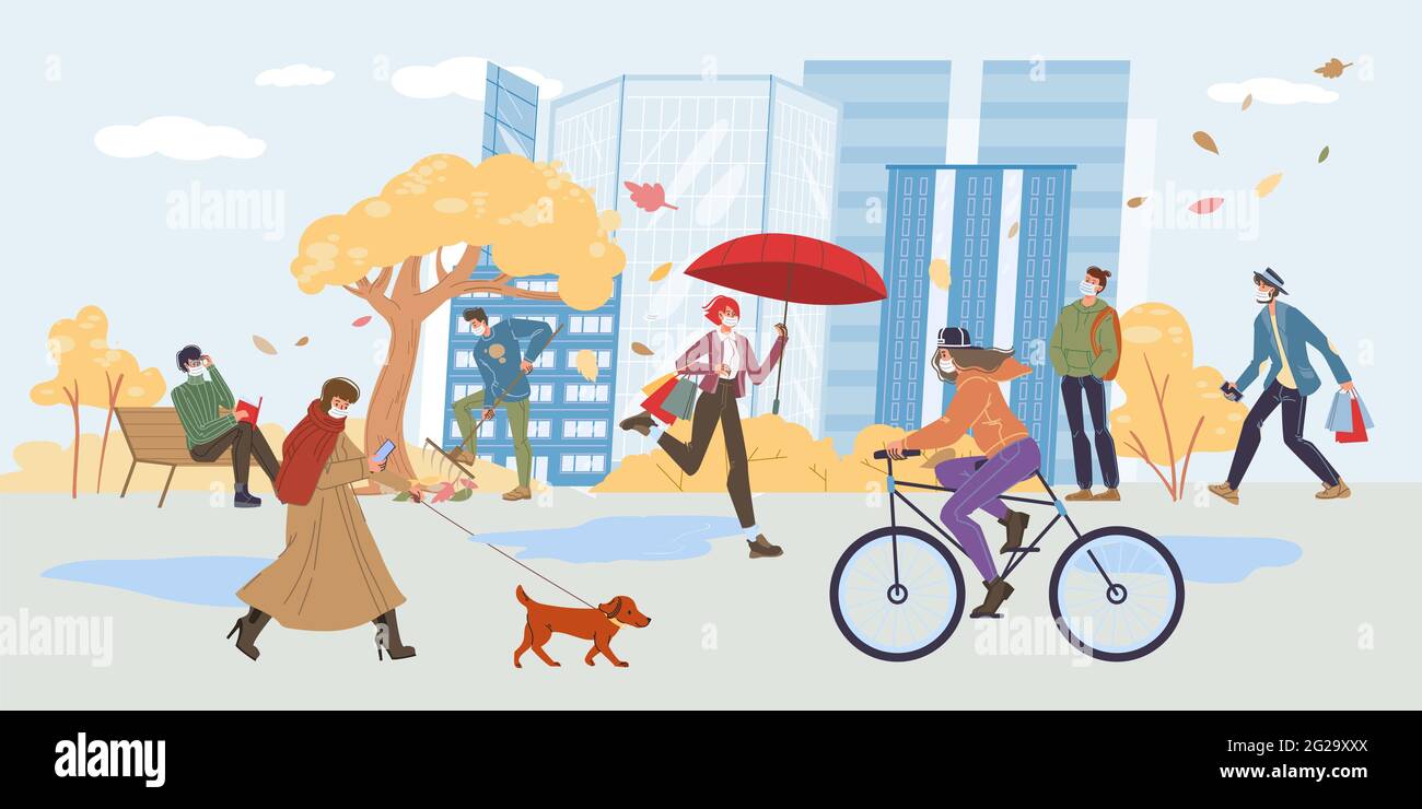 Flat cartoon characters autumn activities vector illustration concept ...