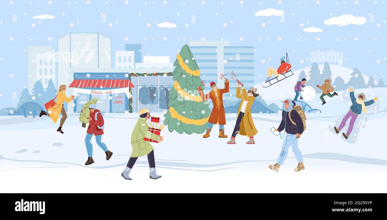 Flat cartoon characters happy holidays vector illustration concept ...