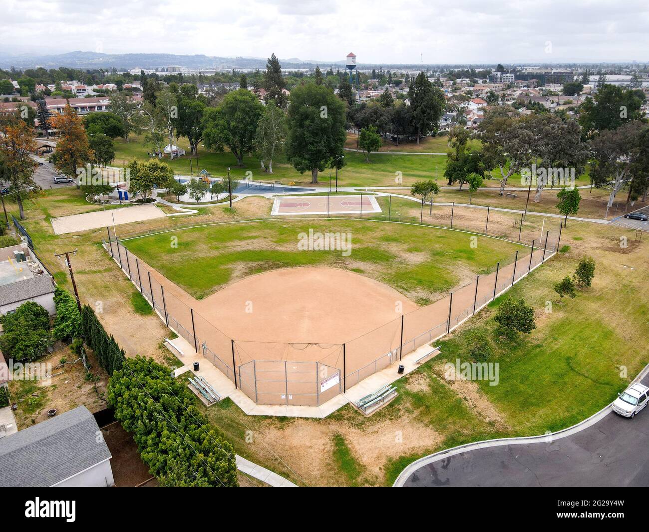 Aerial view of baseball fields in community park, Placentia, California ...
