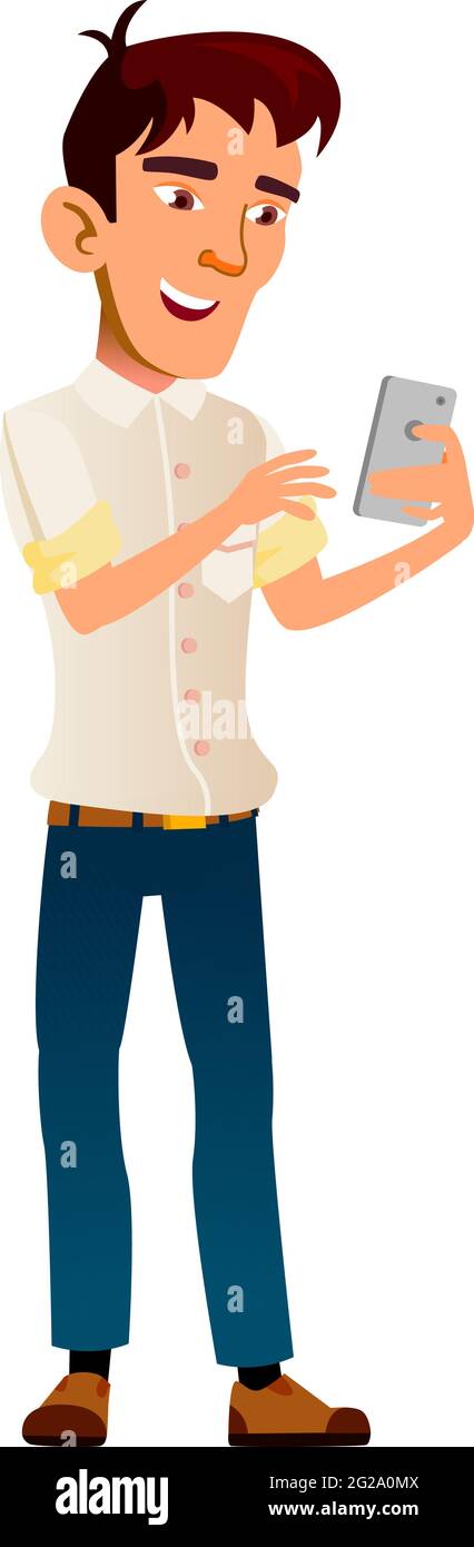 smile boy teen using mobile phone cartoon vector Stock Vector Image ...