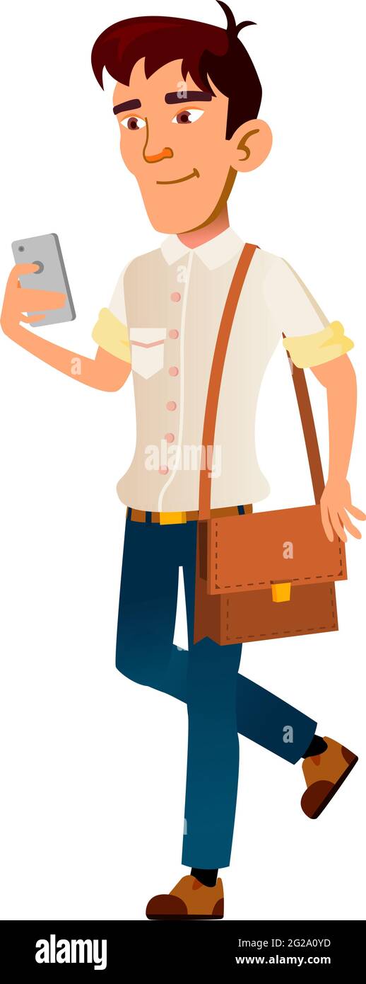 boy walking with bag and chatting on mobile phone cartoon vector Stock ...