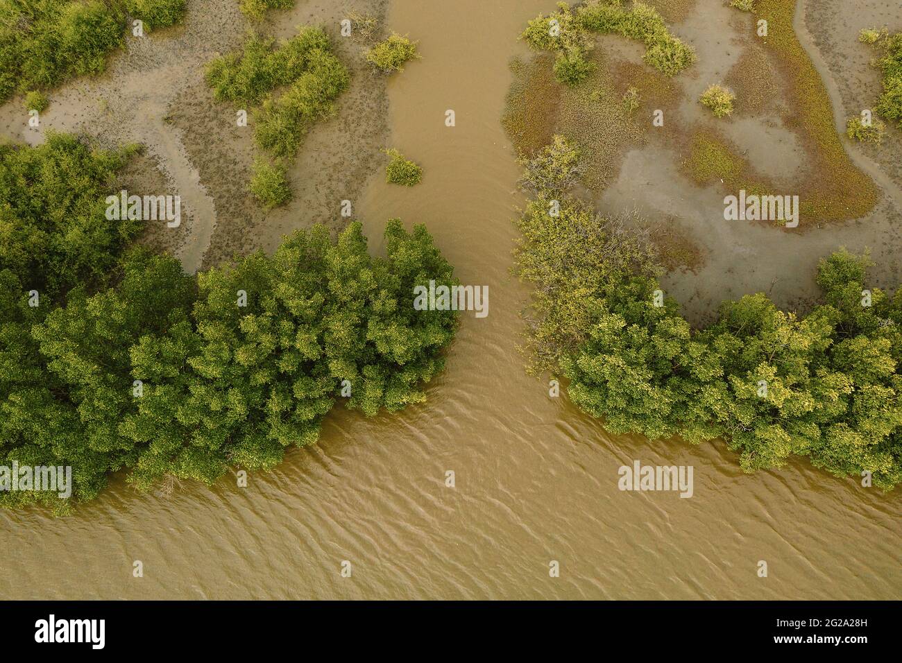Aerial view of wavy riverbed at flooded valley with colorful green ...