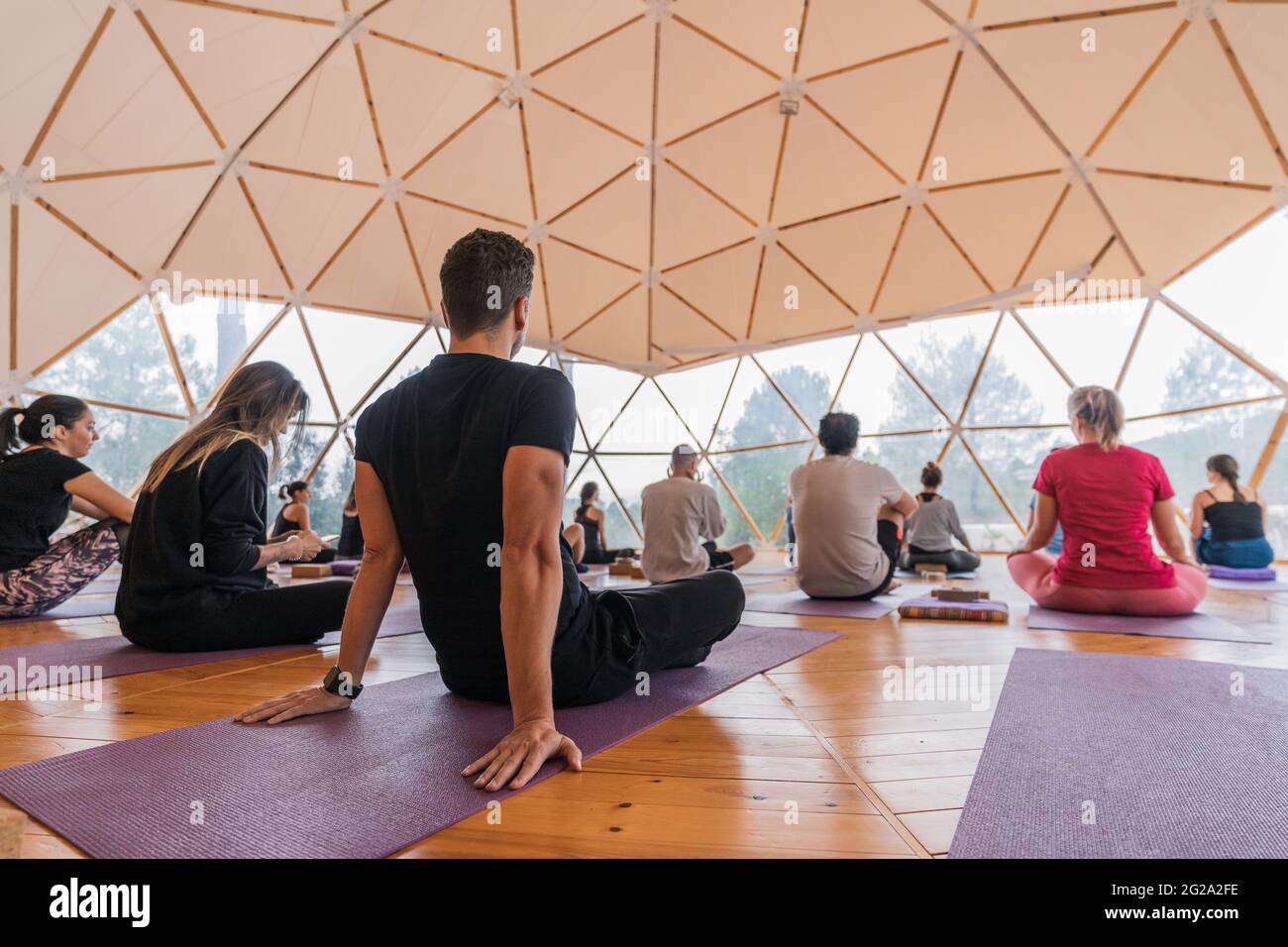 Back view of concentrated group of people sitting in lotus posture and ...