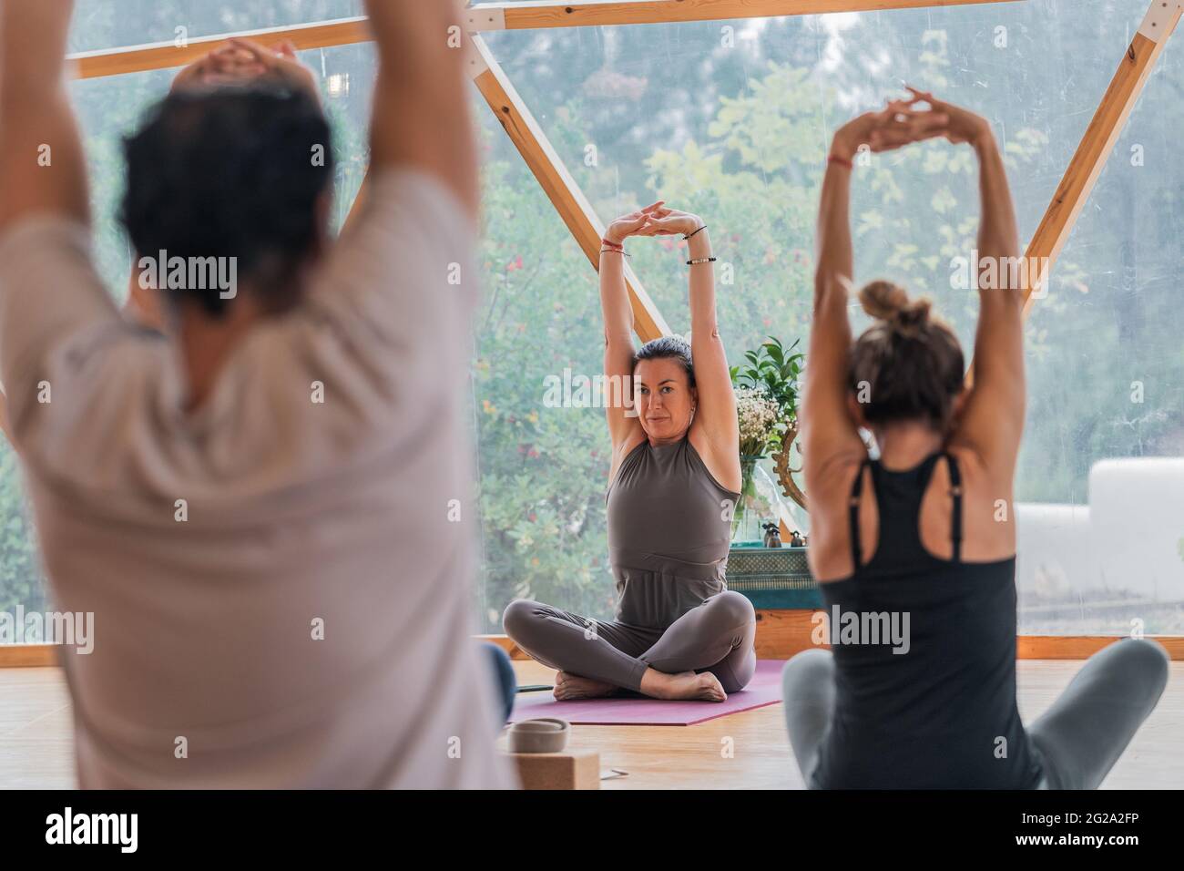 Back view of concentrated group of people sitting in lotus posture and ...