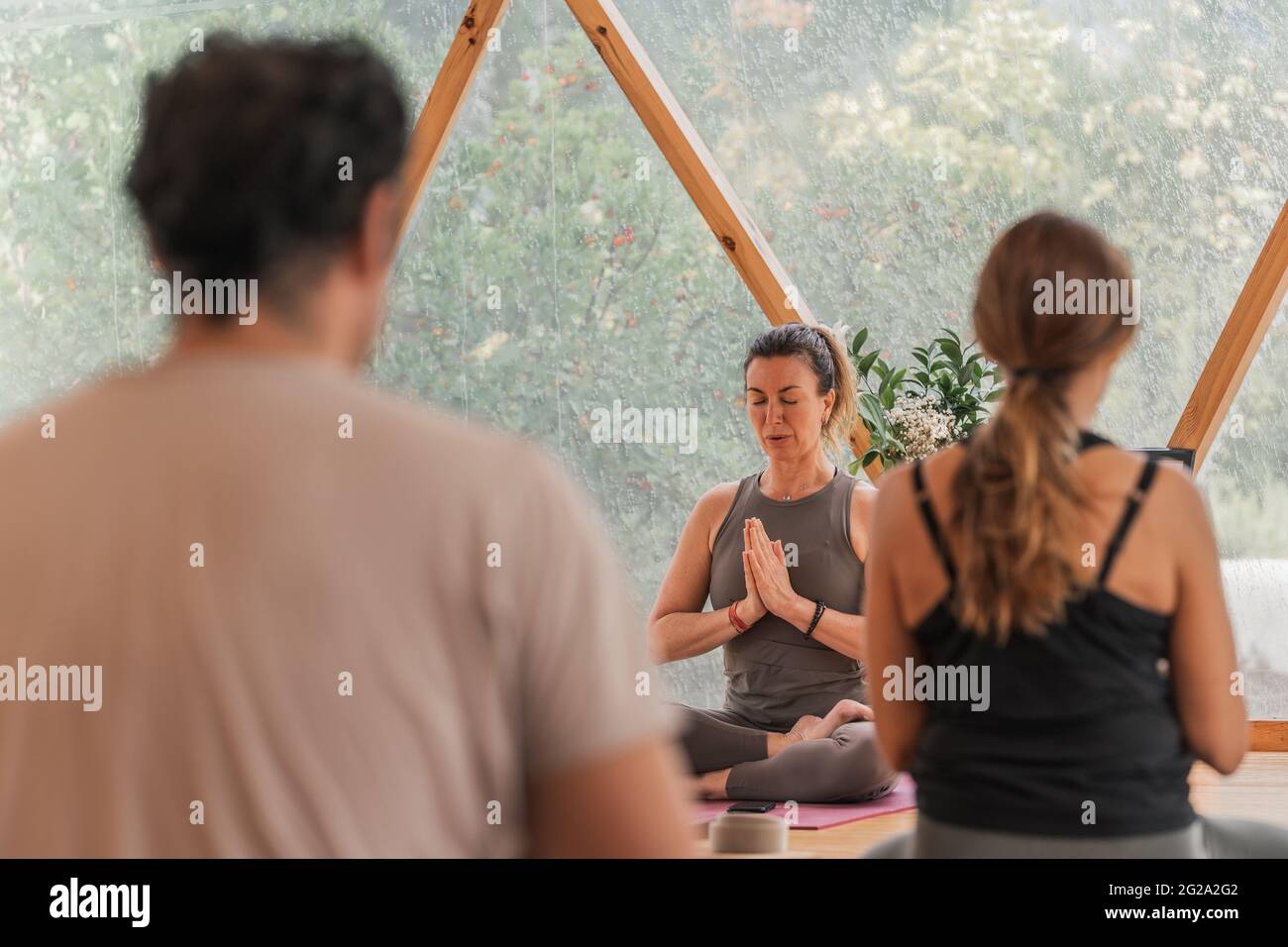 Back view of concentrated group of people sitting in lotus posture and ...