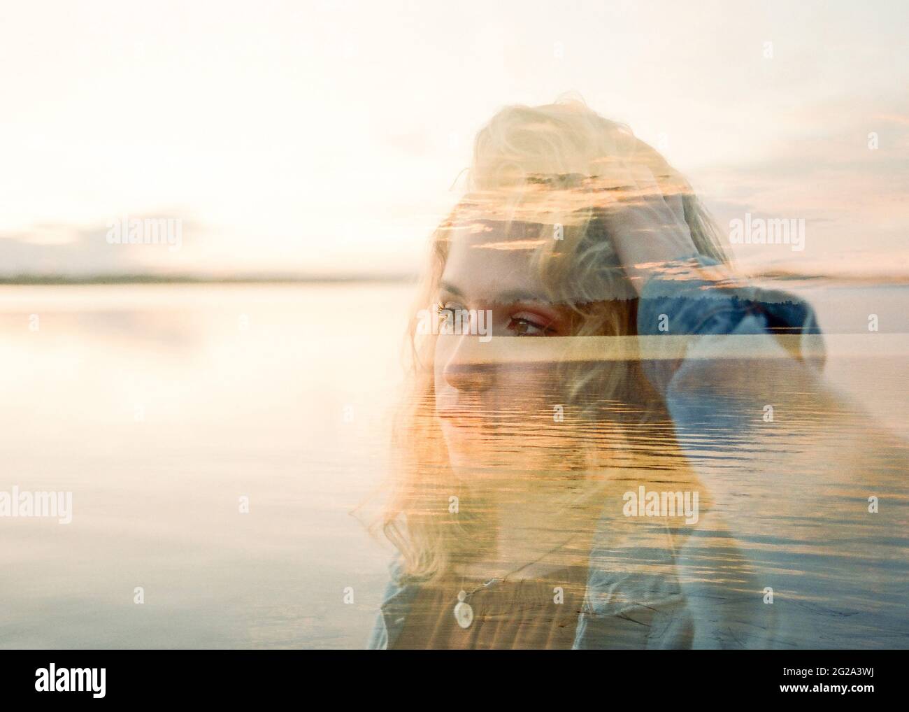 Translucent attractive female in casual outfit looking away while ...