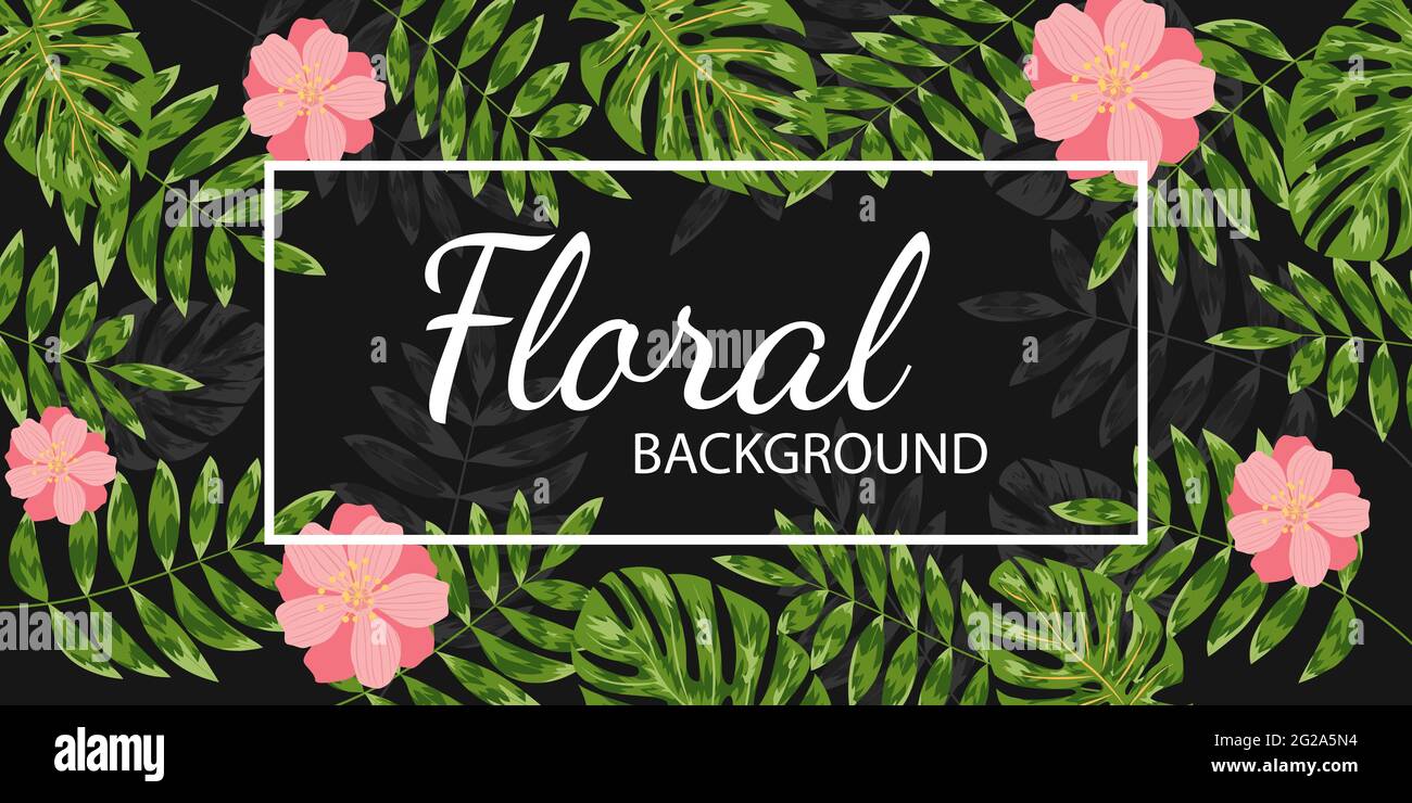 Trendy design with tropical green leaves and pink flowers on black ...