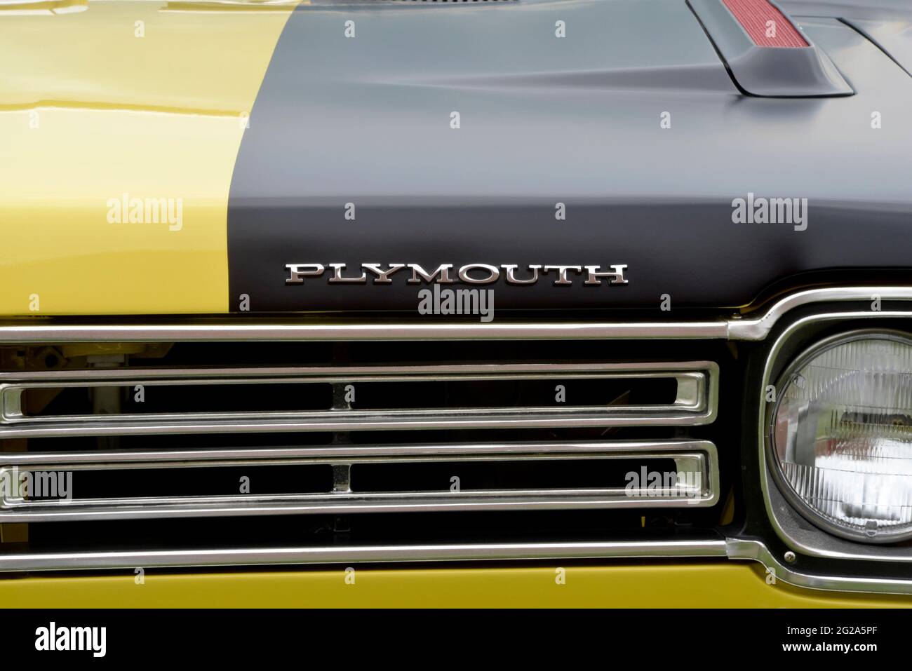 Sunfire Yellow 1969 Plymouth Road Runner Sport Coupe hood emblem Stock ...
