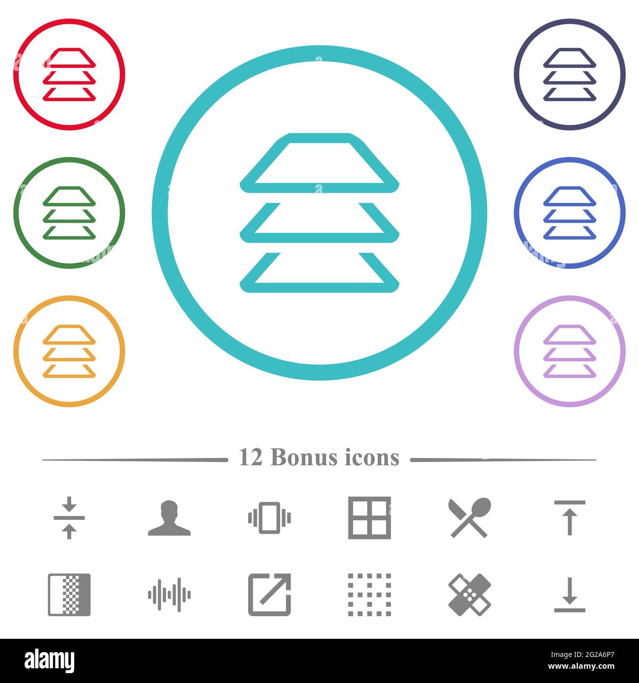 Multiple layers flat color icons in circle shape outlines. 12 bonus ...