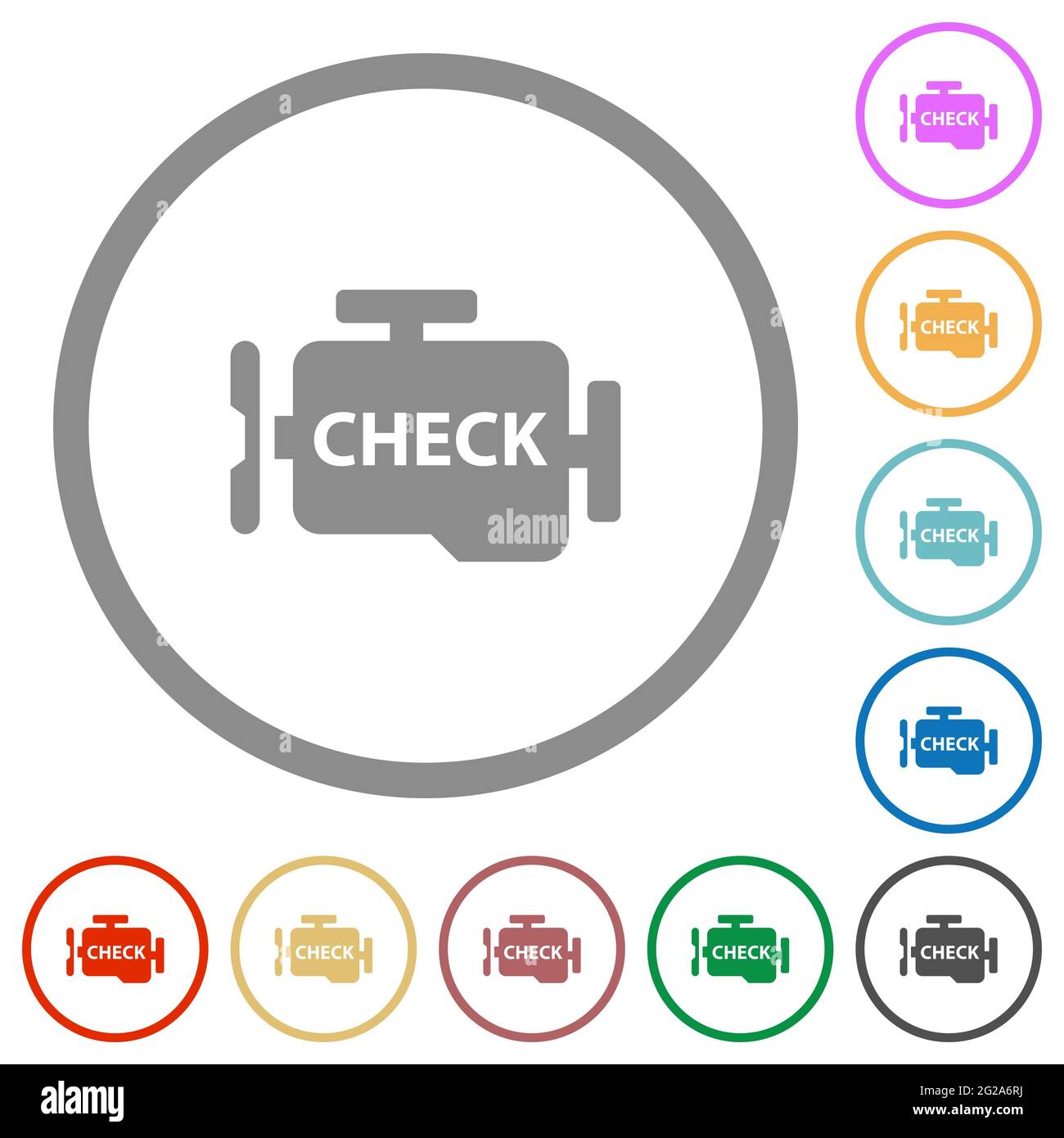 Check engine flat color icons in round outlines on white background ...