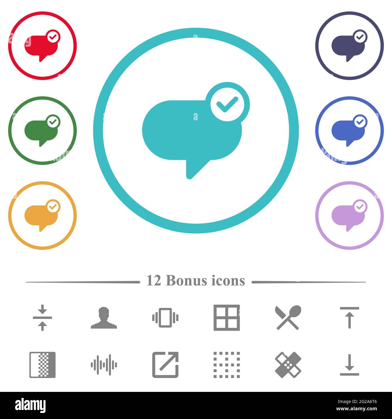 Message sent flat color icons in circle shape outlines. 12 bonus icons ...