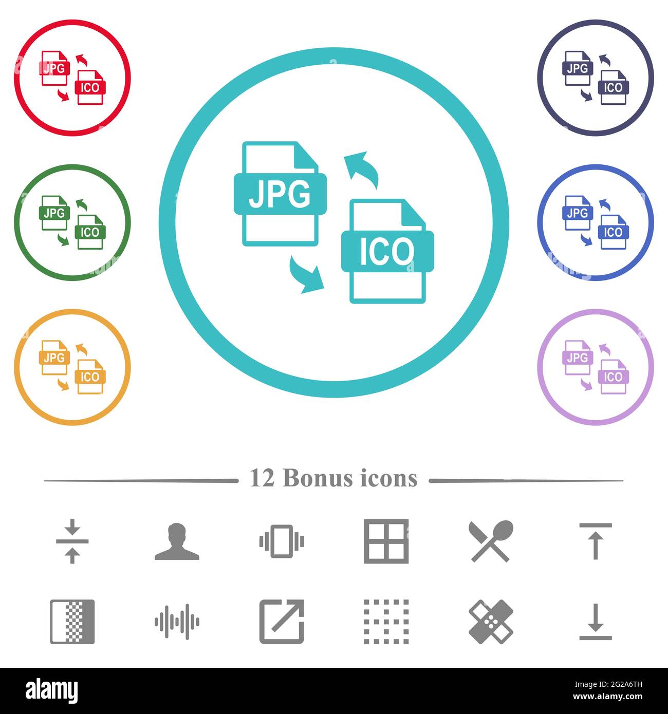 JPG ICO file conversion flat color icons in circle shape outlines. 12 ...