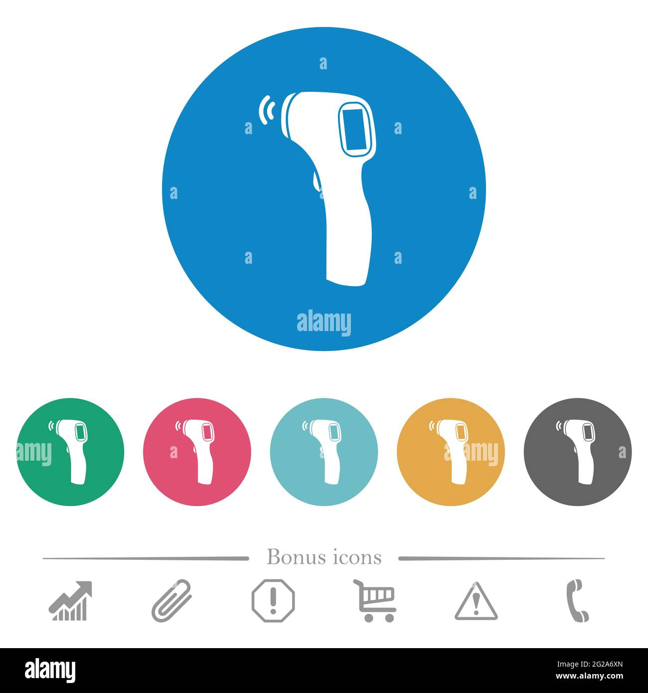 Contactless thermometer flat white icons on round color backgrounds. 6 ...